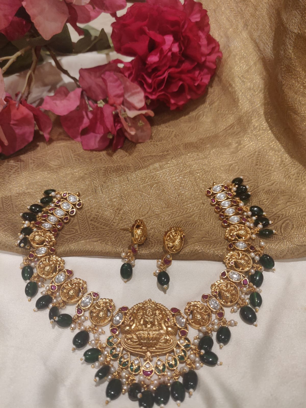 Classic Black Beads Styled Gold Finish Lakshmi Pendant Temple Short ...