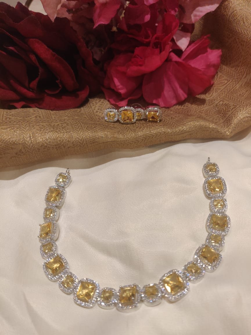 Beautiful Silver Finish yellow Stone Fitted Designer AD Short Necklace ...
