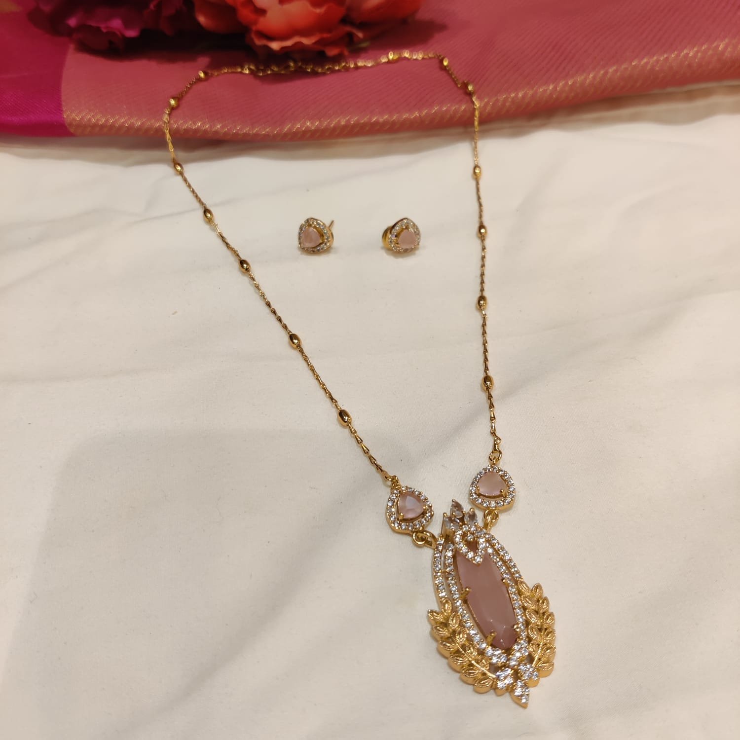 Timeless Pink Stone Pendant Leaf Design Chain Necklace - Emporia Jewels