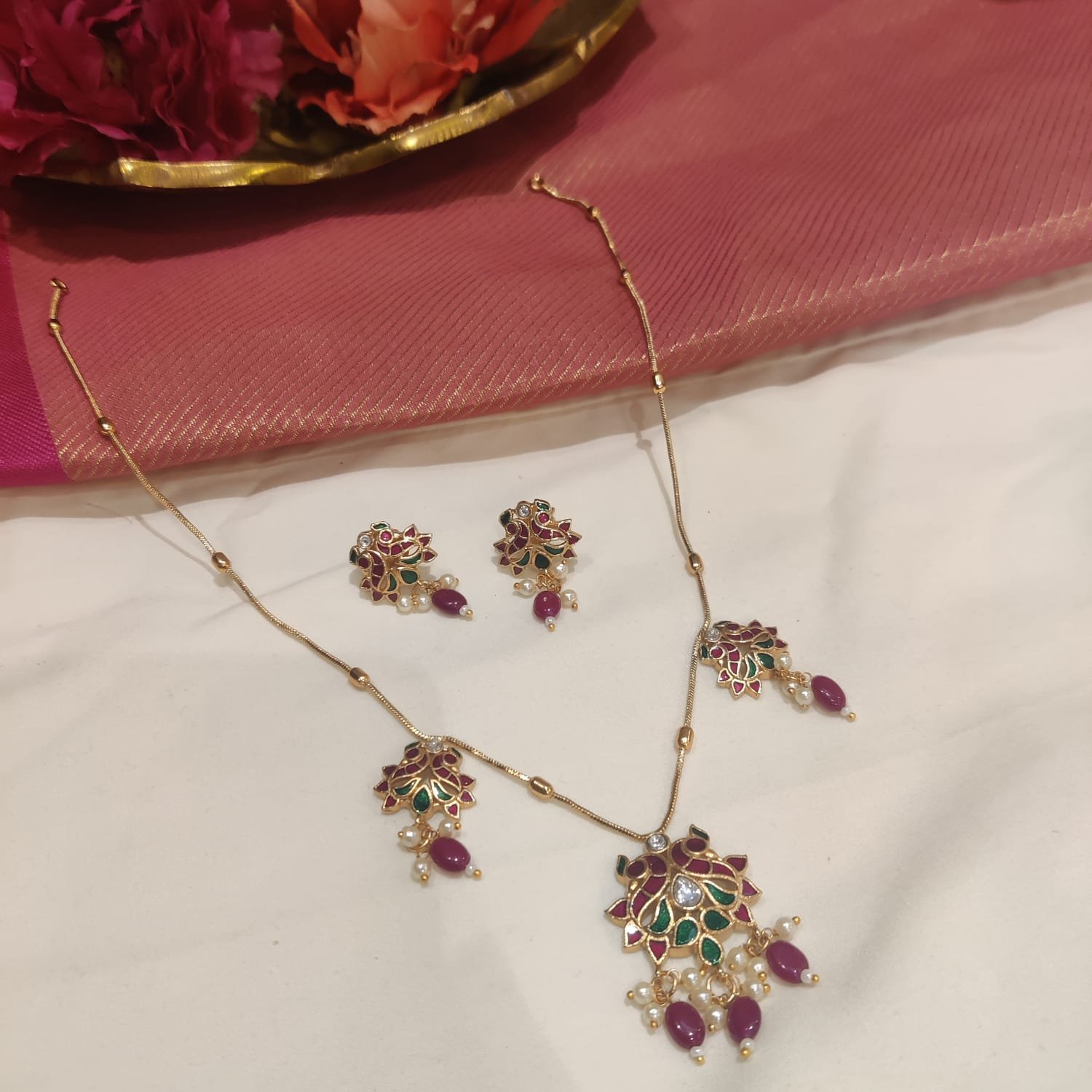 Ethereal Chain With Peacock Pendant White and Red Beads - Emporia Jewels