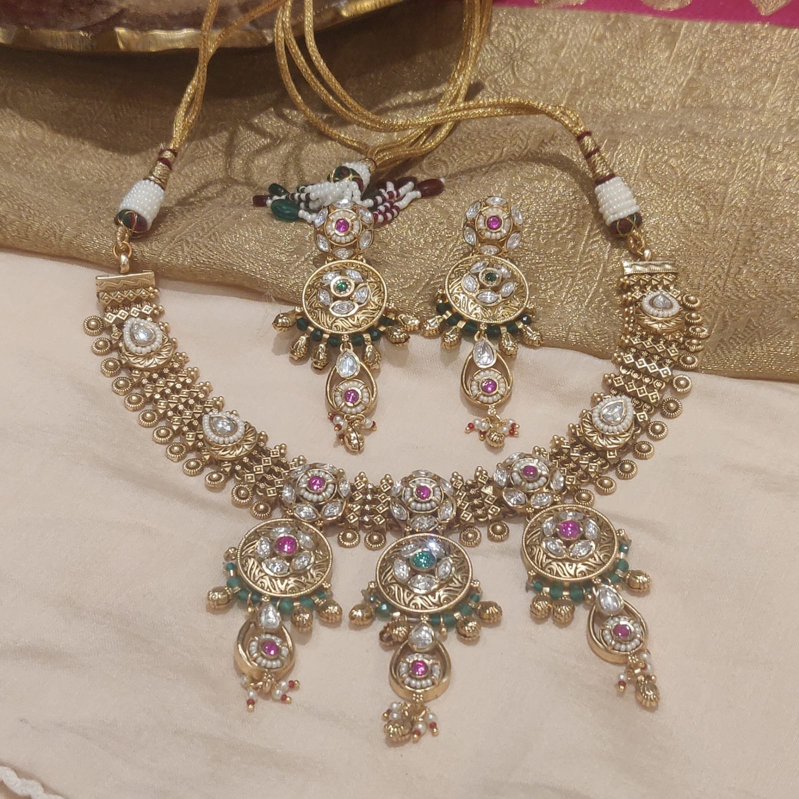 Dazzling golden big stone and golden moti bridal necklace - Emporia Jewels